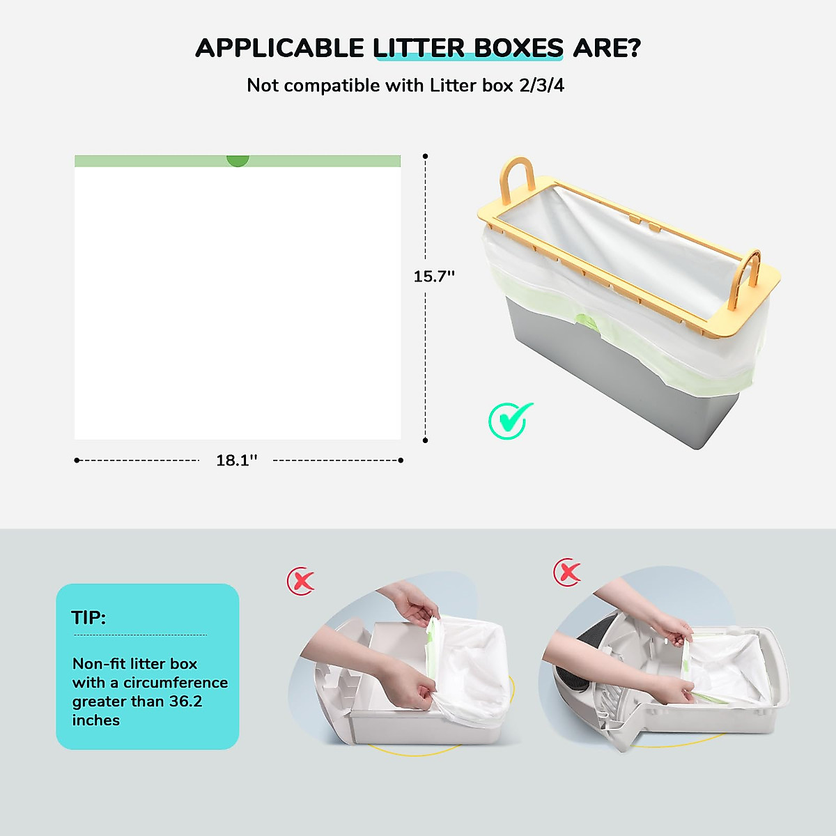 Bilibara 65 Count Drawstring Litter Box Liner Bags for Auto Self-Cleaning Litter Box, Extra Thick Leak Proof Cat Litter Replacement Waste Bags, Unscented, 18.1"W x 15.7"H, 3.5 Gal