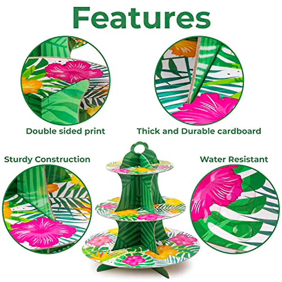 Royal Bluebonnet Tropical Cupcake Stand, 3 Tier Cupcake Stand, Hawaiian Cupcake Stand for Tropical Party Decorations, Cardboard Cupcake Stand for Birthday Party, Luau Cupcake Stand, Cup Cake Stand