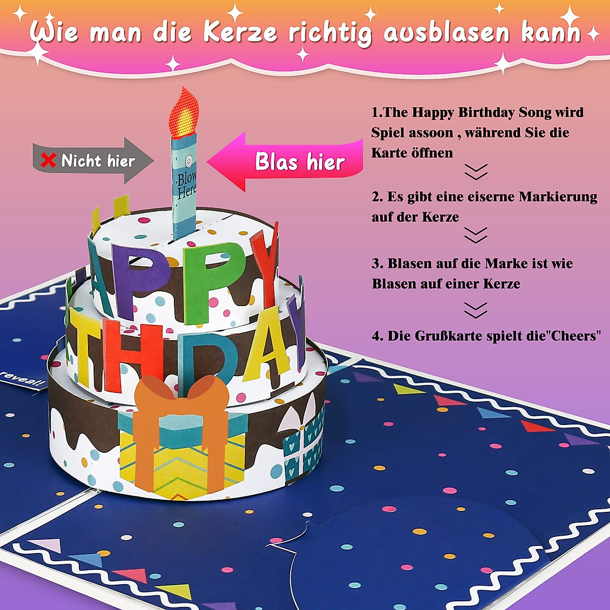 OSOMEPOP BOOM Birthday Card, Exploding Confetti Birthday Card, Musical Birthday Card, 3D Pop Up Card with Light, Blowable Candle, and Happy Birthday Song Handmade Greeting Card for Women or Men