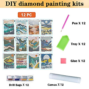 12 Pack 5D DIY Diamond Painting Kits Sets for Child/Adults Gifts Diamond Art Kits Round Full Drill Gem Art Crafts for Rhinestone Embroidery Home/Wall Decorations 12X16 Inches