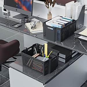 Drephia 12 Pack Large Storage Plastic Basket, Stacking Organizer Bins, 14.17" x 10.70" x 7.12", Black