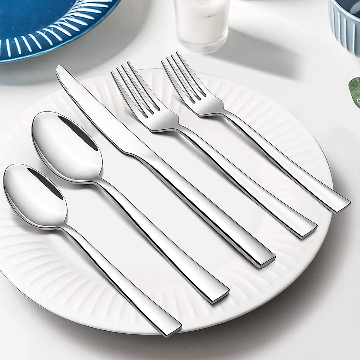 30-Piece Silverware Set, E-far Stainless Steel Flatware Set Service for 6, Modern Tableware Cutlery Set for Home and Restaurant, Square Edge & Mirror Finish, Dishwasher Safe