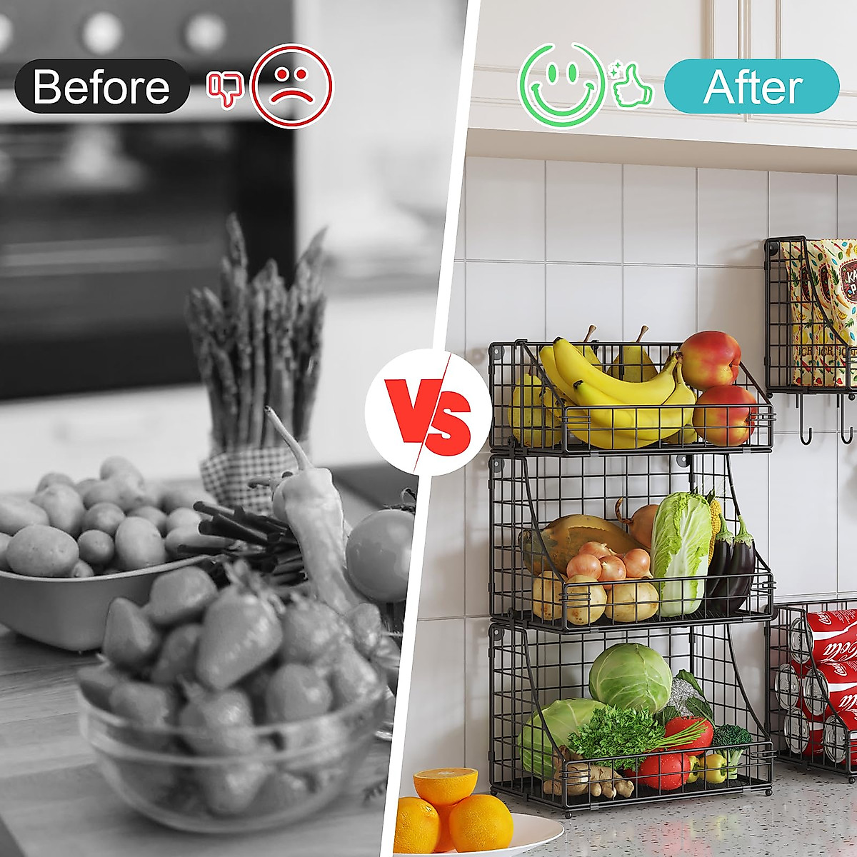 Stackable Tea Bag Organizer with Removable Divider and Hooks Wall Mount 3 Tier Metal Wire Storage Basket Countertop Coffee Condiment Snack Holder Rack for Home Office Kitchen Cabinet Pantry Black