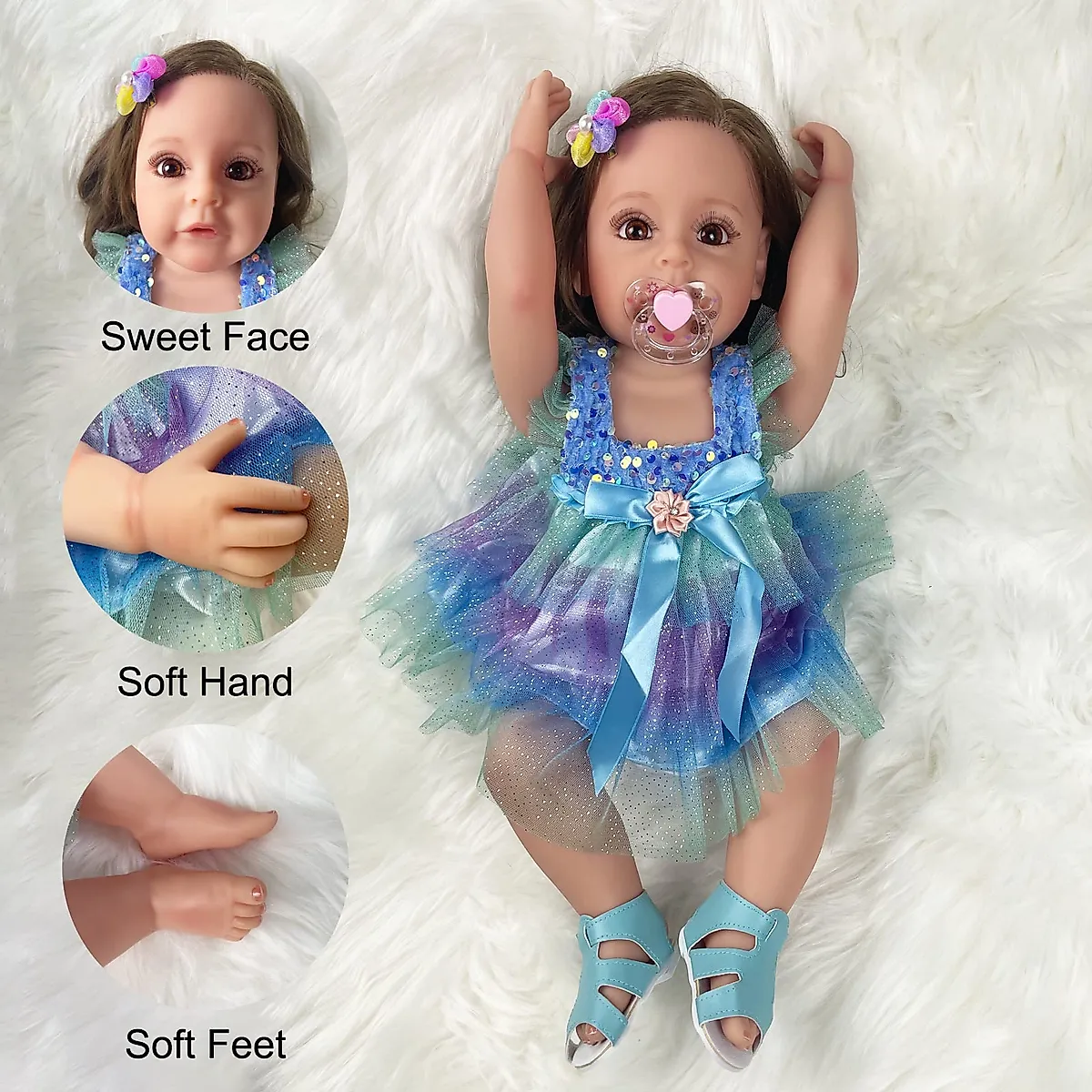 PLAYSKY Reborn Baby Dolls Girl, 22" Beautiful Lifelike Doll Full Body Vinyl Silicone with Long Hair for Kids, Realistic Newborn Baby Doll with Feeding Toy for Birthday Christmas
