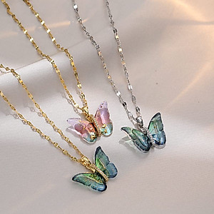 HOLINSE Butterfly Necklace for Women - Fairy Cubic Zirconia Butterfly Pendant Necklaces Titanium Steel (Gold Pink)