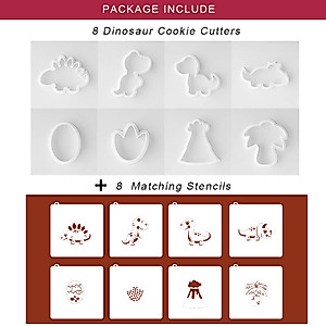 Dinosaur Cookie Cutters with Matching Cookie Stencils -Set of 16-8Pcs Cookie Cutter and 8Pcs Stencils, Include Stegosaurus, T-Rex, Brontosaurus, Triceratops, Dinosaur Egg, Footprint, Volcano and Tree