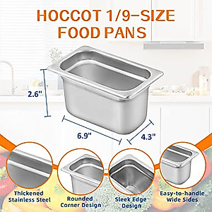 HOCCOT 1/9 Size Hotel Pan 6 Packs, 2.6" Deep 304 Stainless Steel Steam Table Pan for Chafing, Commercial Food Pan for Hotel, Buffet, Restaurant, Party, Catering Food Pan for Food Supply & Storage