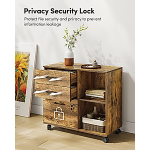 FEZIBO 3-Drawer Mobile File Cabinet, Lateral Filing Cabinet with Lock, Printer Stand with Open Storage Shelves for Home Office, Rustic Brown