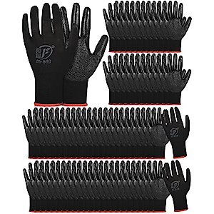 Potchen 72 Pairs Gardening Work Gloves Bulk for Men Women, Rubber Coated Black Garden Multipack Safety Construction Glove, 144 Count (Pack of 1)
