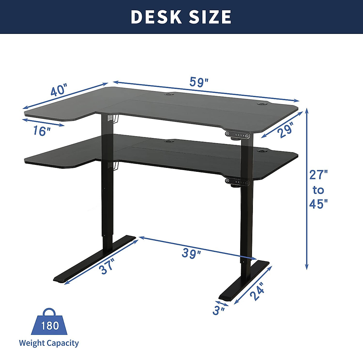 L-Shaped Electric Standing Desk, 59 Inches Height Adjustable Stand up Table with 4 Memory Settings, Sit Stand Home Office Desk with Black Frame & Top