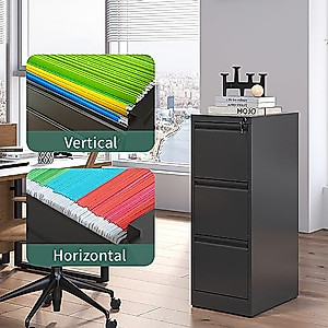 BIZOEIRON 3 Drawer File Cabinet with Lock, Metal Vertical Filing Cabinets for Home Office, Steel Storage Cabinet for Hanging Legal/Letter Size Files, Assembly Required (Black)