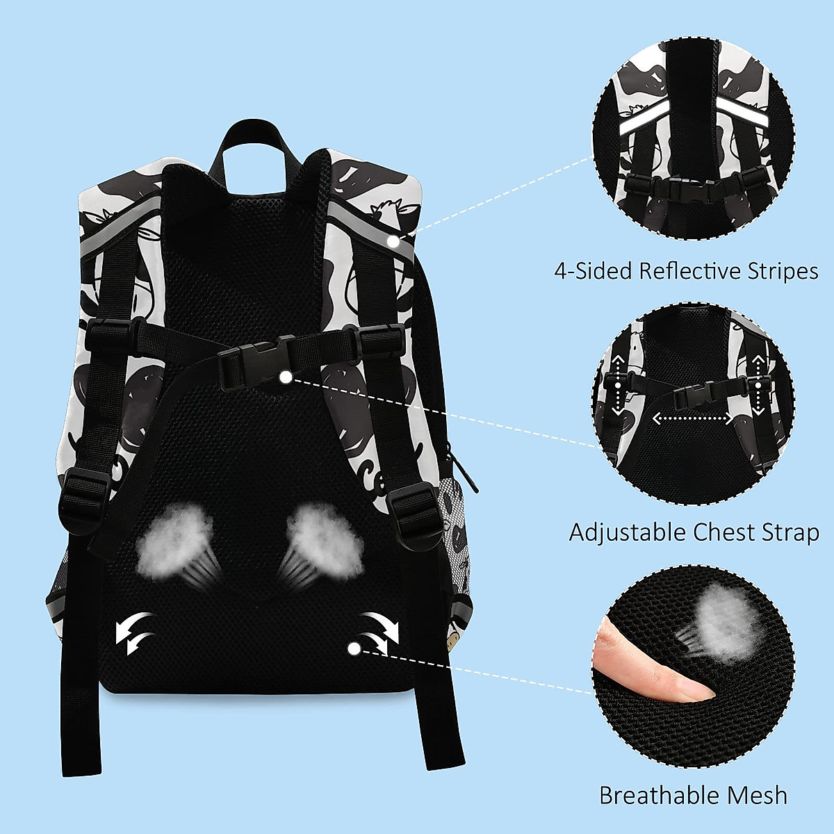 QUGRL Black White Cow Kids Toddler Backpack with Leash Harness Cute Milk Kindergarten Child Schoolbag Preschool Nursery Baby Travel Bag for Boys Girls 3-8 Years