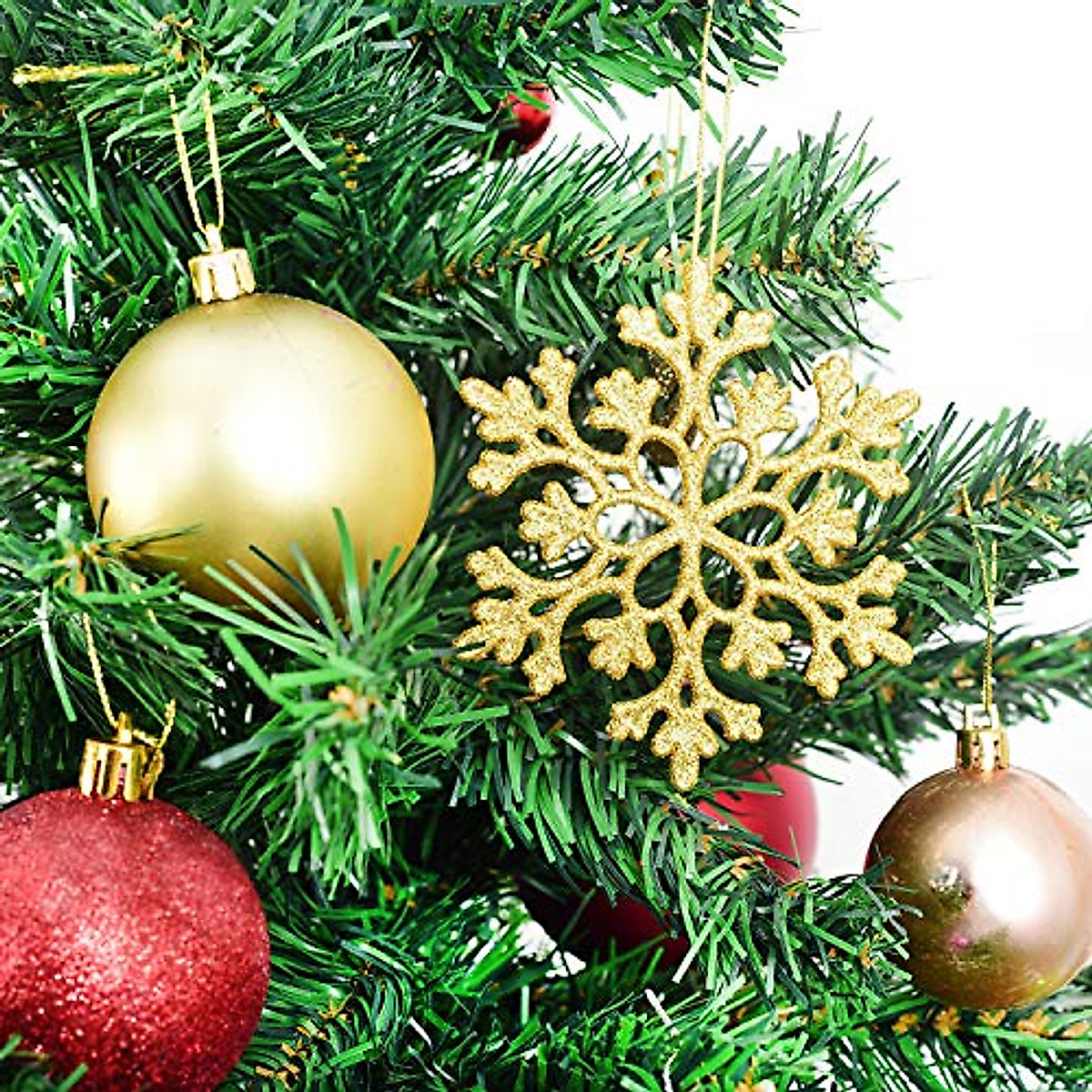 Lvydec 36pcs Christmas Glitter Snowflake Ornaments, Plastic Snowflakes Christmas Tree Decorations for Winter Holiday Party Decor, 4 Inch, Gold