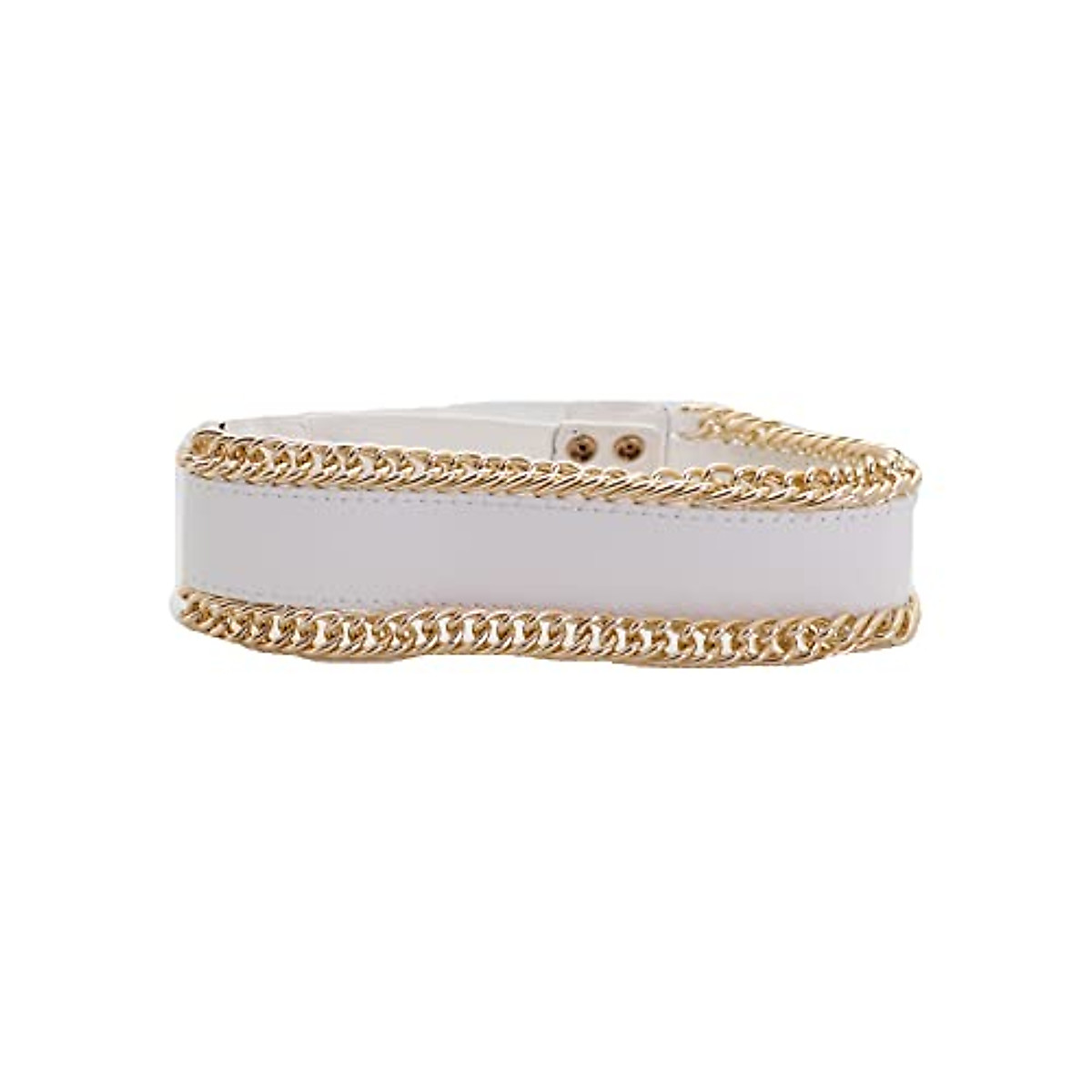 Women White Wide Fashion Belt - Elastic Waistband Gold Metal Chain Links Size S, Silver, One Size