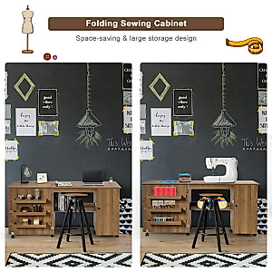 DORTALA Folding Sewing Table, Large Size Craft Cart w/Storage Shelves and Lockable Casters, Rolling Craft Station Sewing Table for Apartment Home, Portable Storage Cabinet for Small Space, Natural