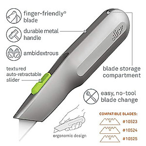 Metal-Handle Utility Knife, Finger Friendly Ceramic Blade, Auto Retracts for Safety, Heavy Metal Handle, Comfortable Grip, Stores Extra Blade, Ambidextrous, Easy Blade Change