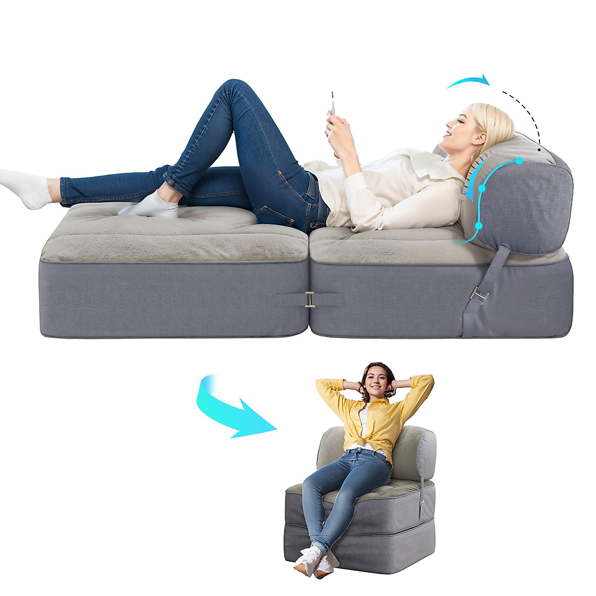 Daneey Convertible Folding Sofa Bed, Folding Chair Bed, Convertible Chair Bed Sleeper and Fold Out Couch, Foam Floor Sofa Couch Bed, Futon Sofa Bed for Bedroom/Living Room/Dorm, Gray