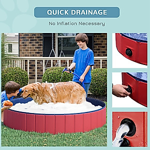 PawHut Foldable Pet Swimming Pool, Portable Dog Bathing Tub, 12" x 63" Plastic Large Dog Pool for Outdoor Dogs and Cats, Red