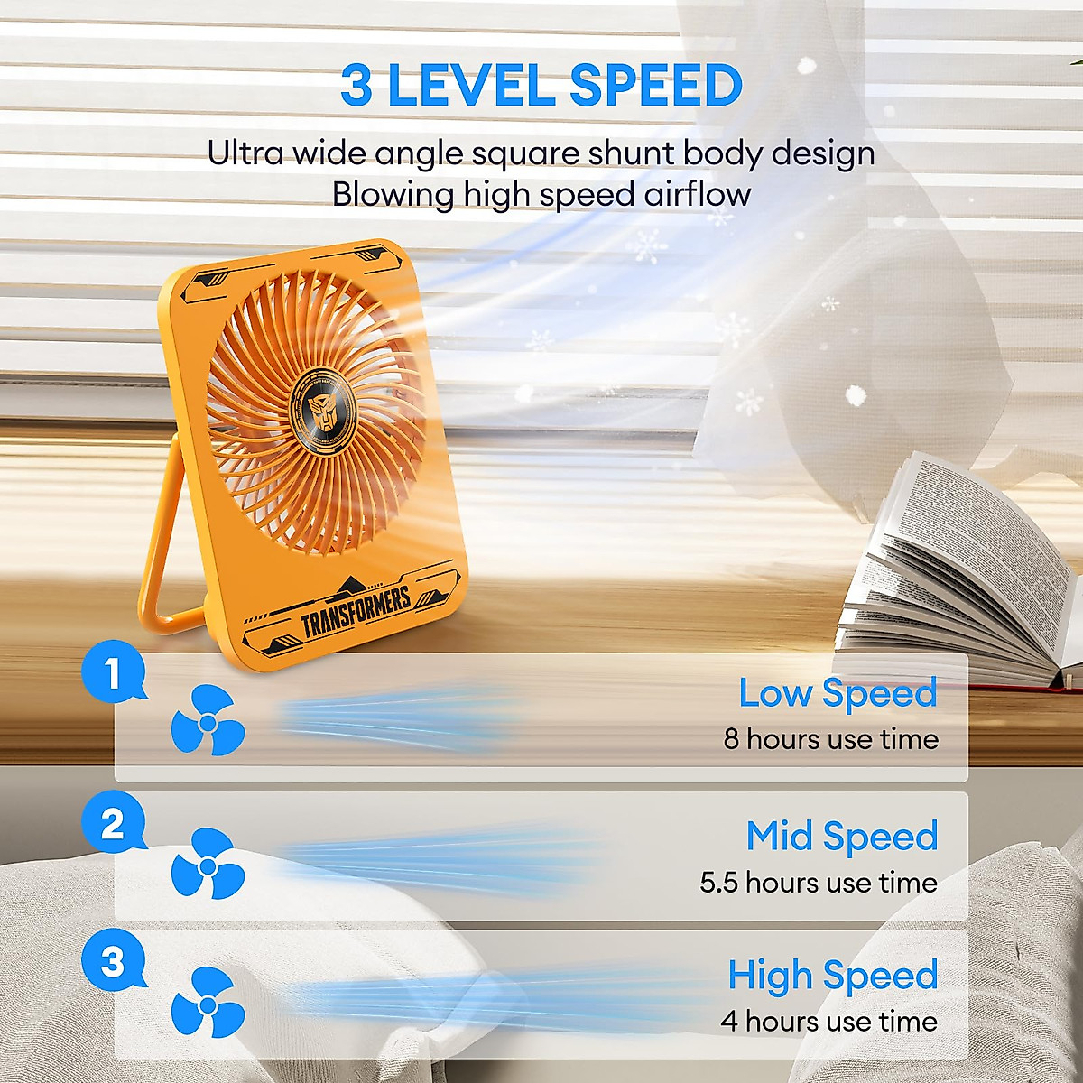 XINGLINSHOE battery powered fan 2000mAH 180° Adjustable small desk fan battery powered 3 Speeds Strong slim usb fan for Office,Bedroom,Home,Desktop,Camping(Yellow)