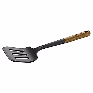 STAUB Silicone Spatula Turner, Perfectly Angled for Lifting Pancakes, Sandwiches and Picking up Veggies Durable BPA-Free Matte Black Silicone, Acacia Wood Handles, Safe for Nonstick Cooking Surfaces