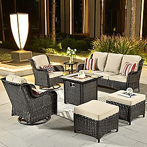 XIZZI Patio Furniture Sets 7 Pieces Outdoor Swivel Rocking Chairs with 50,000 BTU Propane Fire Pit Table All Weather PE Wicker Outside Conversation Sofa Set and Matching Side Table,Brown Wicker Beige