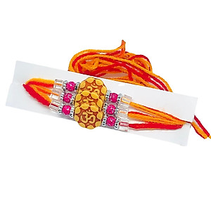 JAGMOR Om Pendant & Pink Beads Rakhi for Brother, Handmade Rakhi, Rakhee Bracelet for Brother, Rakhi for Bhai, Rakhi Bracelet for Sister, Bhaiya Bhabhi Rakhi, Indian Rakhi, Set of 3 rakhi