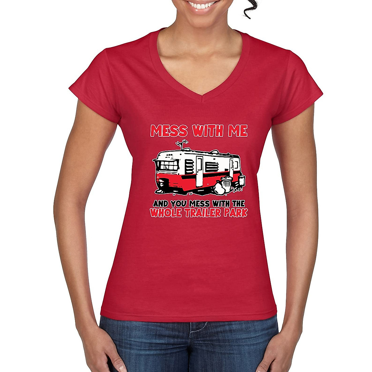 Mess with Me & You Mess with The Whole Trailer Park Cars and Trucks Women’s Standard V-Neck Tee, Red, XX-Large