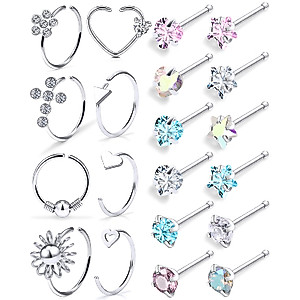 Kridzisw Nose Ring for Women 20g Star Heart Nose Ring Hoop Nose Ring Stud Straight Silver Nose Stud Pin Bone Stainless Surgical Steel Small Cute Real Nose Hoop Ring Nose Piercing Jewelry for wome Men