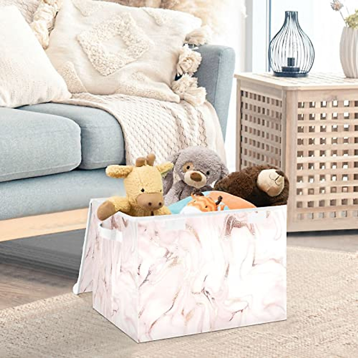 Kigai Storage Basket Rose Gold Abstract Marble Storage Boxes with Lids and Handle, Large Storage Cube Bin Collapsible for Shelves Closet Bedroom Living Room, 16.5x12.6x11.8 In