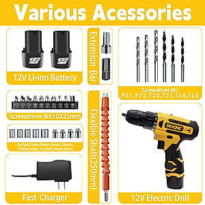 DEVONIC Cordless Drill Set,12V Electric Drill with Lithium Battery and Charger,3/8"Keyless Chuck,25+1 Torque Setting and 28pcs Drill Screwdriver Bits
