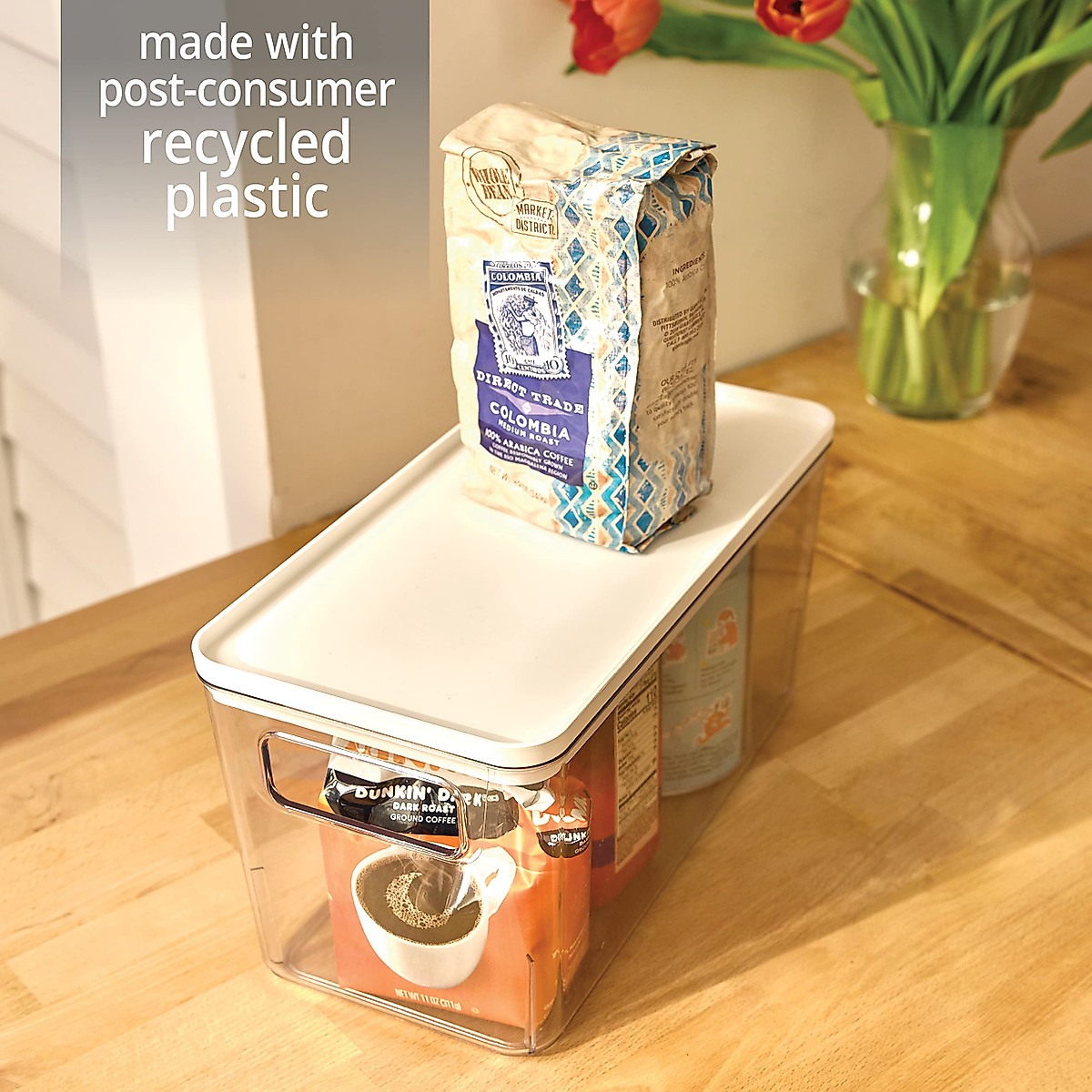 Rosanna Pansino x iDesign Recycled Plastic Kitchen Storage Bin with Lid, Clear Bin/Marshmallow Lid, 6” x 12” x 6”
