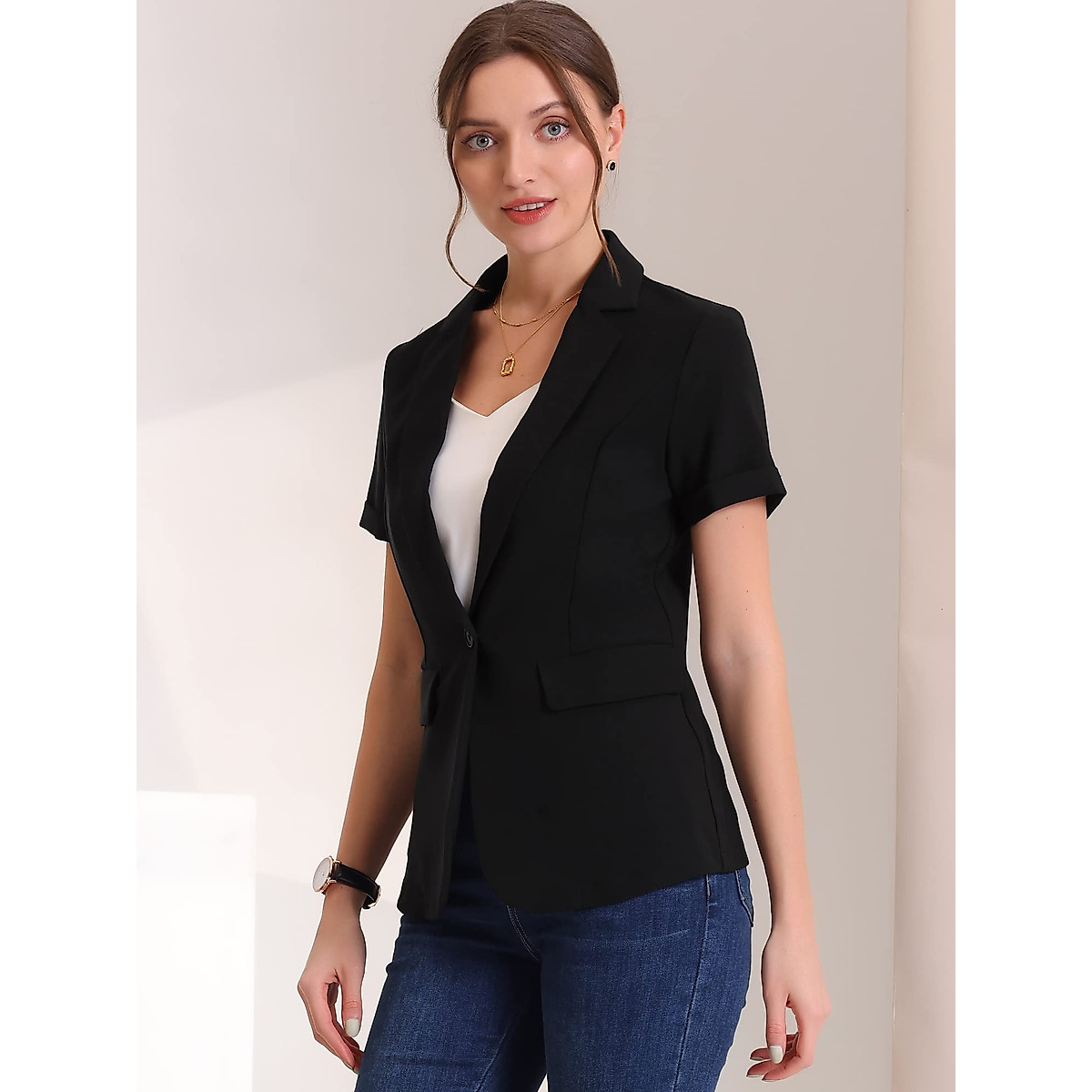 Allegra K Women's 1 Button Office Business Short Sleeve Blazer Jacket Small Black