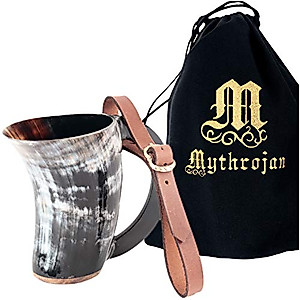 Mythrojan Hot Horn Mug Tankard with Leather Strap Safely Holds Hot and Cold Liquids Coffee Hot Chocolate Wine Beer Mead 300ML
