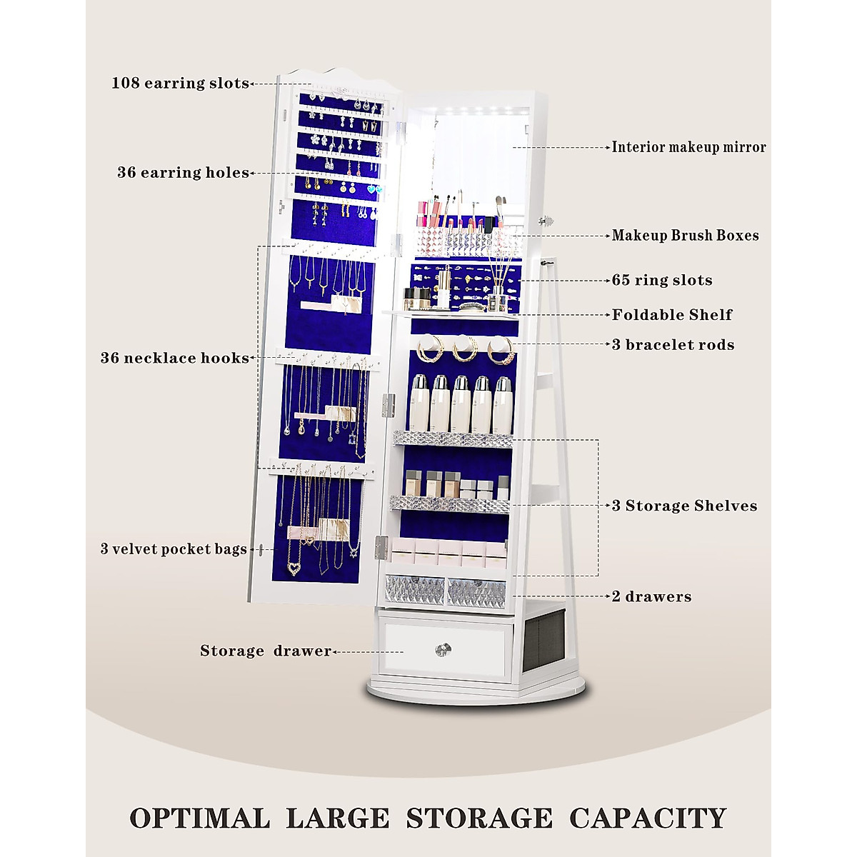 Full-Length Standing Mirror Jewelry Cabinet with Lights, Storage, and Rotating Shelf - White