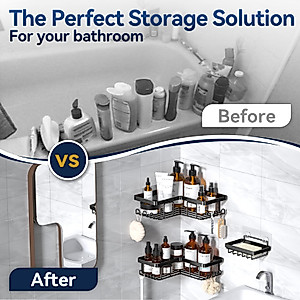 YASONIC Corner Shower Caddy, 3-Pack Adhesive Shower Caddy with Soap Holder and 12 Hooks, Rustproof Stainless Steel Bathroom Shower Organizer, No Drilling Wall Mounted Shower Rack, for Bathroom, Black