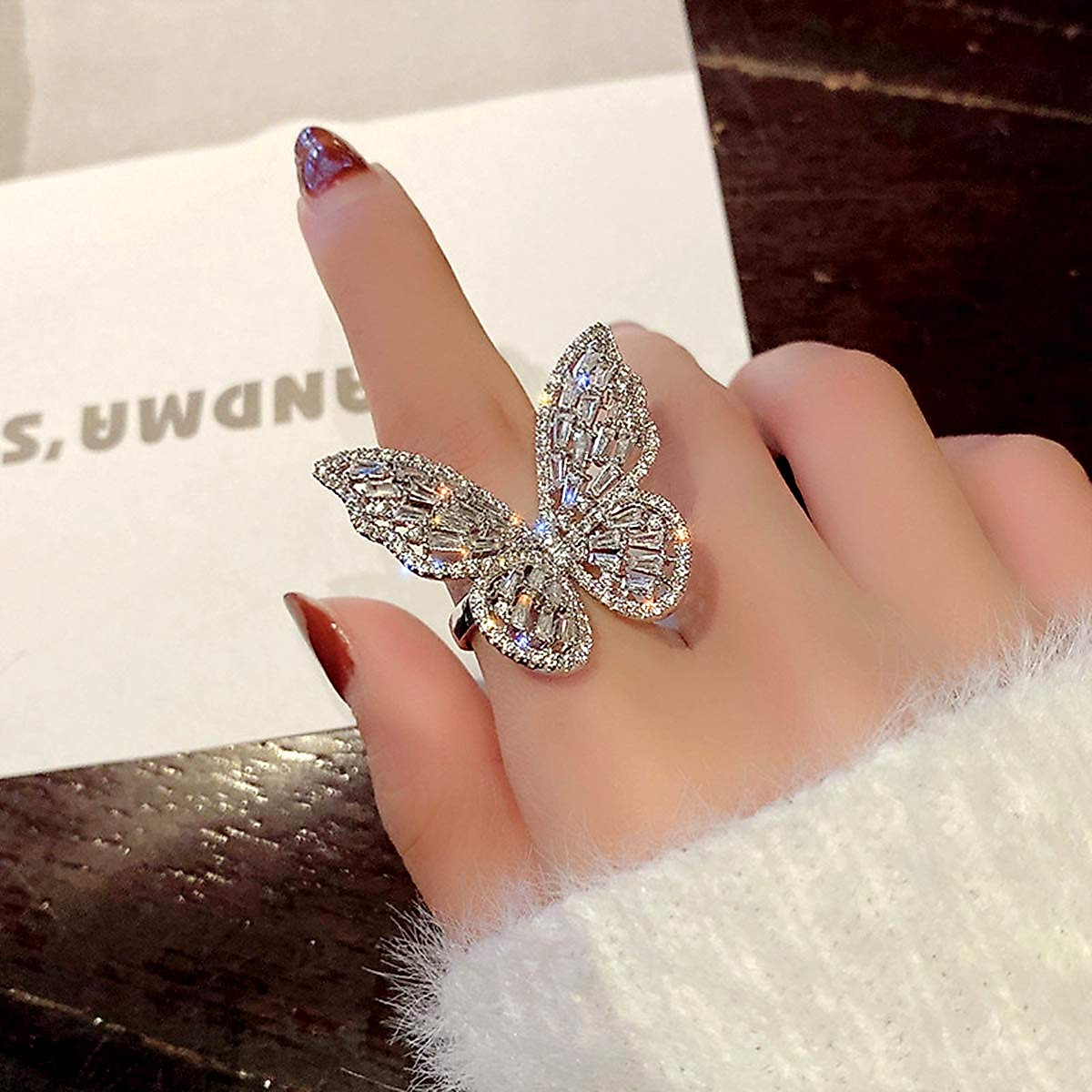 Leprato Sparkling Butterfly Ring Cubic Zirconia Bow-Knot Knuckle Ring Adjustable Open Statement Butterfly Ring Wedding Jewelry for Women