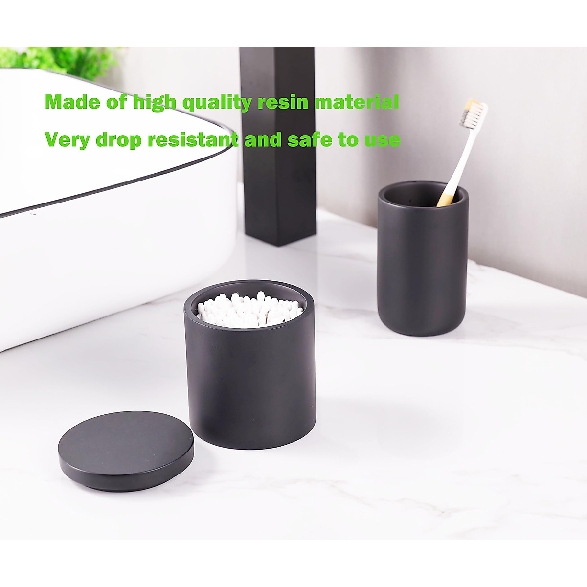 Joitsvia Cotton Swab Holder, Qtip Holder Dispenser with Lid, Resin Bathroom Containers,Vanity Storage Jars Organizer for Cotton Ball, Floss, Bath Salts, Bathroom Accessories, Matte Black
