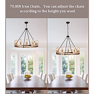 MEIXISUE Modern Farmhouse Wagon Wheel Chandeliers for Dining Room,Aged Brass Luxury Large High Ceiling Chandelier for Living room Kitchen Entryway Restaurant Office,W35.4 UL Listed