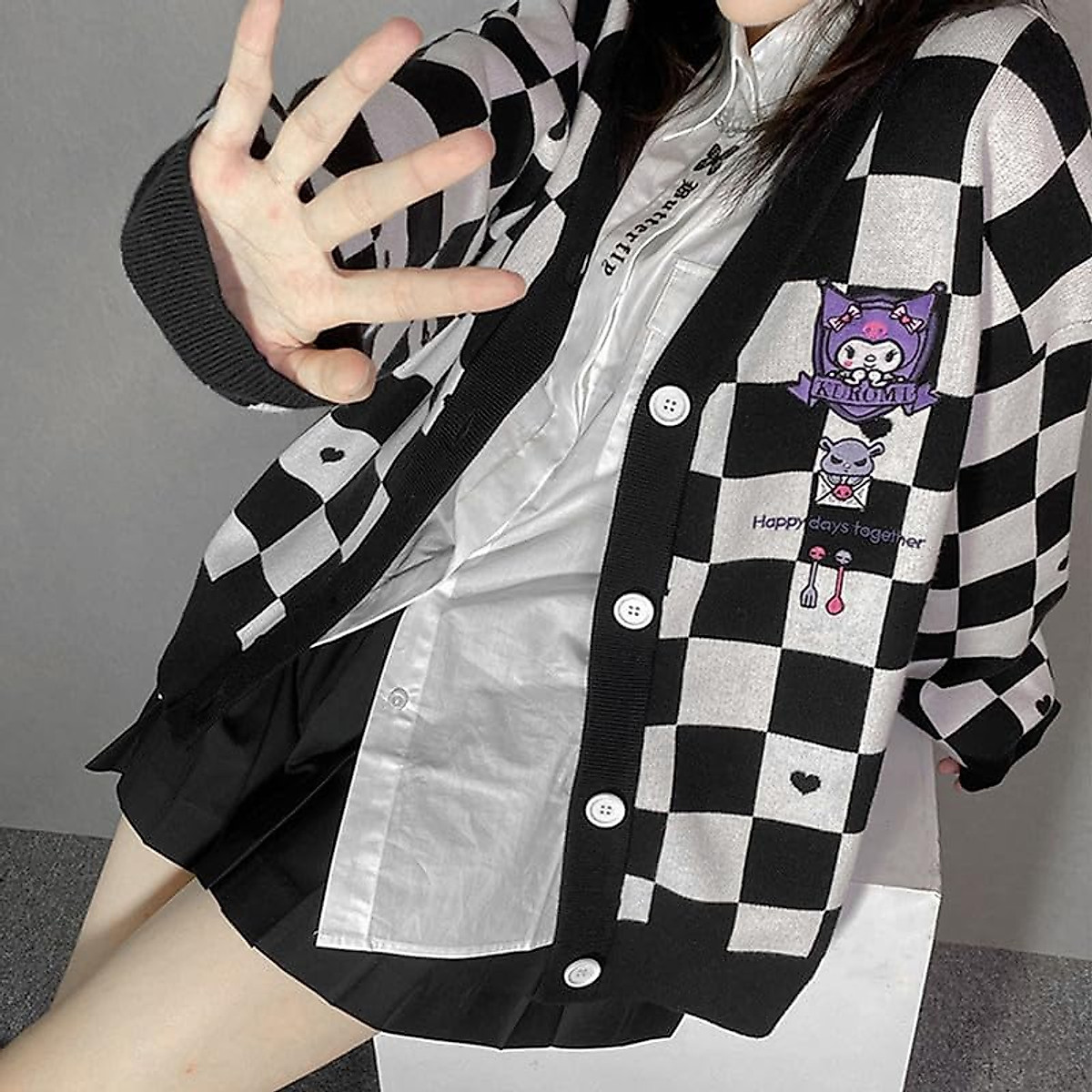 Kawaii Sweater Black Plaid Anime Cardigan Sweater for Women Cosplay Costume V Neck Long Sleeve Women's Button Knitted Outerwear JK Uniform S