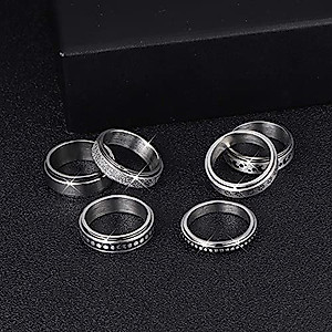 FIBO STEEL 6Pcs Stainless Steel Spinner Ring for Women Fidget Band Rings Moon Star Sand Blast Finish Ring Set for Stress Relieving Wedding Promise Size 5-13 (7)