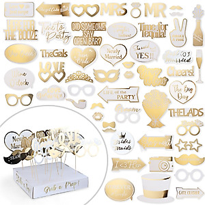 SOUL SHIFT 60PCs Fully Assembled Wedding Photo Booth Props - Prop Stand - Gold Signs - Elegant Wedding & Reception Party Supplies- Funny Wedding Props -Gold Foil Print – Bridal PhotoBooth