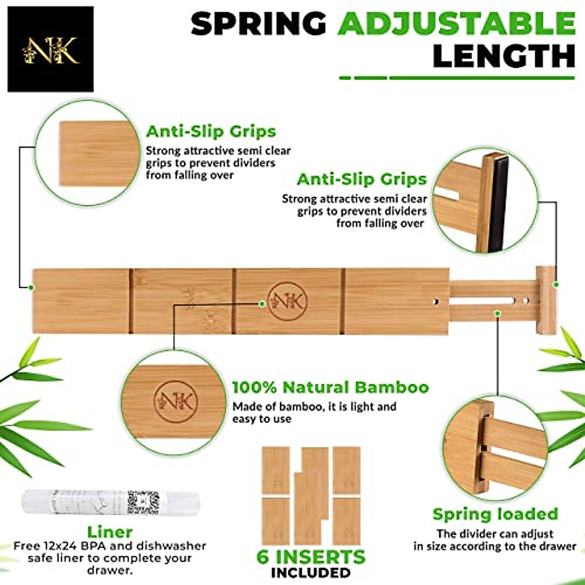 NK Home Goods Expandable Bamboo Drawer Divider (17x22 in), Adjustable Kitchen Organizer for Office, Home, and Closets. 4 Dividers 6 Inserts. (Free 12x24 Liner)
