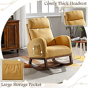 KINFFICT Comfy Rocking Chair, Upholstered Accent Glider Rocker for Baby Nursery or Relaxation, Living Room Armchair with High Back and Headrest, Modern Rocking Glider with Side Pocket, Yellow