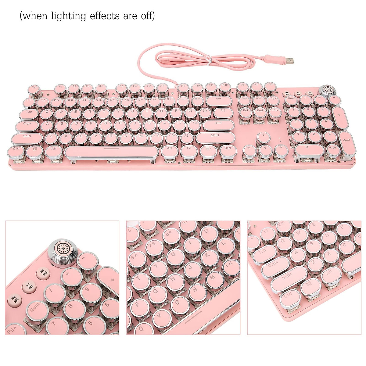 Pink Gaming Keyboard, Round Keycaps Mechanical Keyboard, Retro Punk Typewriter Keyboard, Pink and White Backlight, USB Wired, for Computer(Pink Punk)