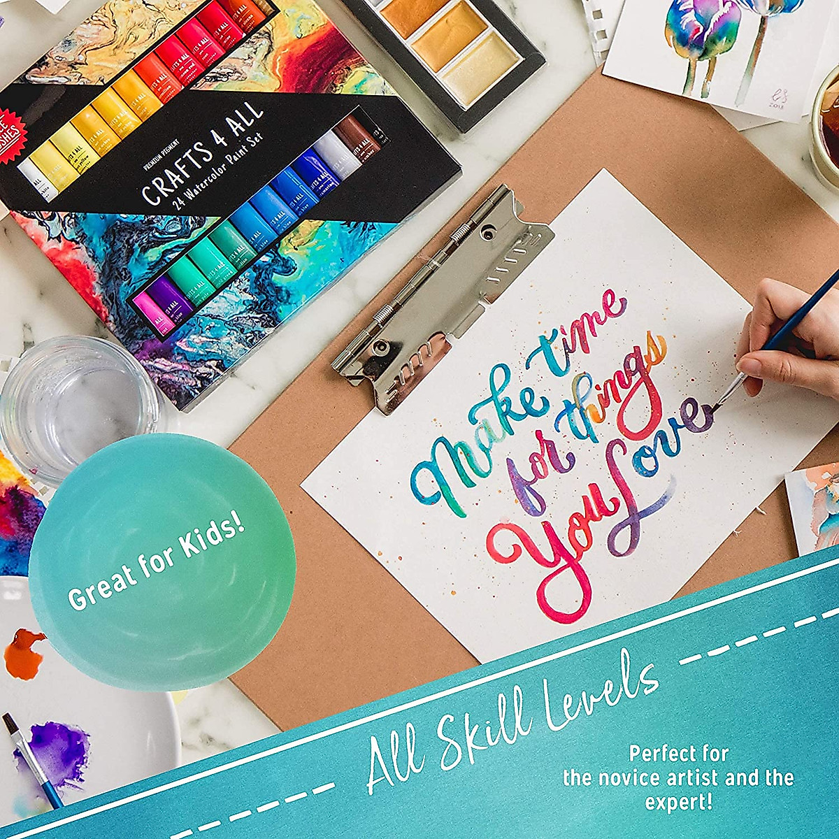 Crafts 4 ALL Watercolor Paint Set - 12/24 Pack for Artists & Beginners, 12ml Tubes with Bonus Brushes