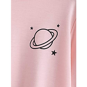 SweatyRocks Women's Planet Print Varsity Striped Drawstring Pullover Sweatshirt Hoodies Tops Pink L