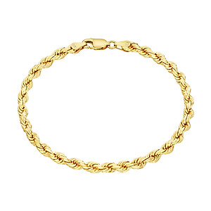 Nuragold 10k Yellow Gold 4mm Rope Chain Diamond Cut Bracelet or Anklet, Mens Womens Jewelry 7" 7.5" 8" 8.5" 9"
