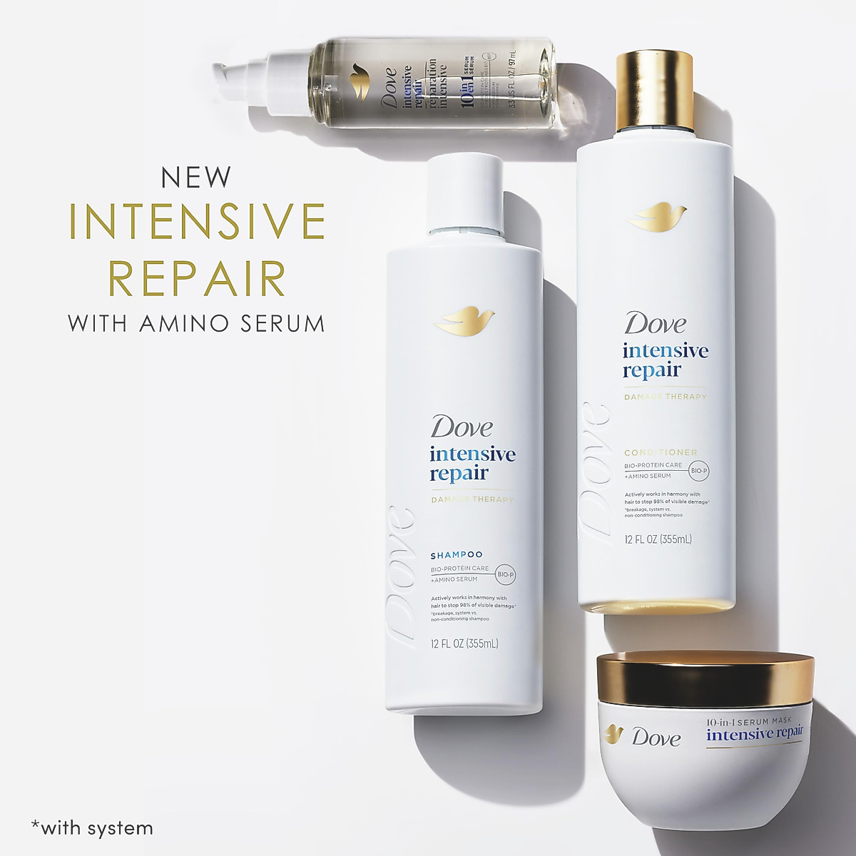 Dove Shampoo and Conditioner 2 Count for Damaged Hair Intensive Repair Bio-Protein Care Technology and Amino Serum 12 Fl Oz