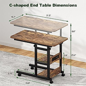 Height Adjustable C Shaped End Table with Charging Station, Mobile Laptop Side Table with USB Port and Wheels, Sofa Couch Table with 2-Tier Storage Shelve for Living Room Bedroom, Rustic Brown