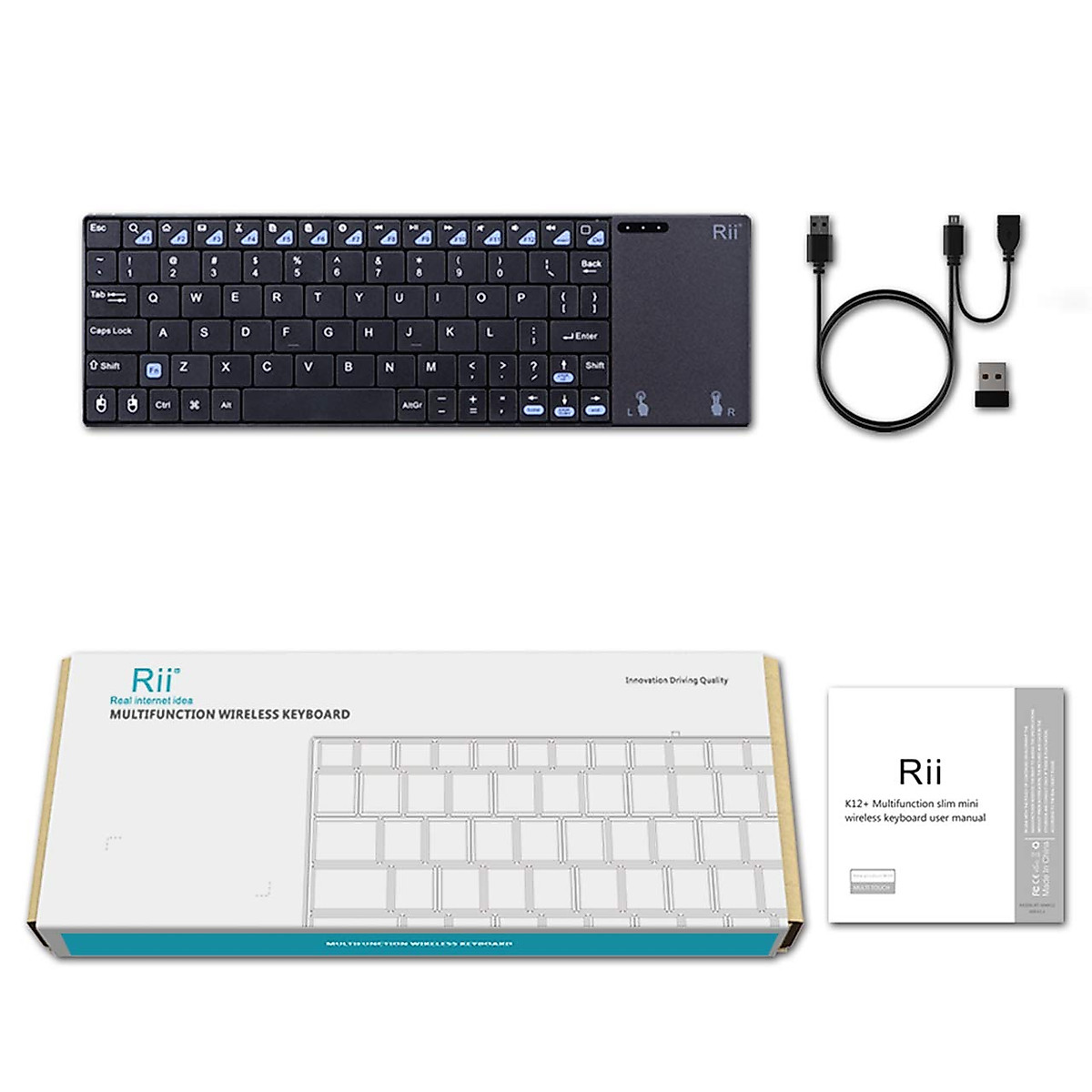 Rii K12+ Mini Wireless Keyboard with Large Touchpad Mouse&Qwerty Keypad, Stainless Steel Portable Wireless Keyboard with USB Receiver for MacBook/iPad/Tablet/PC/Laptop/Smart TV/Raspberry Pi - Black